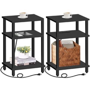 tutotak set of 2 end table with charging station, side table with usb ports and outlets, nightstand, 3-tier storage shelf, sofa table for small space tb01bk0422