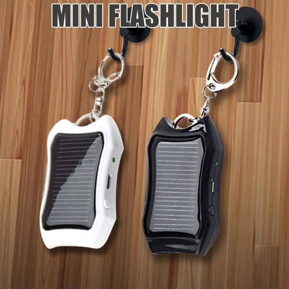 Pssopp Solar Portable Mini Power Bank LED Flashlight USB Battery Pack Keychain for Outdoor Emergency Phone Charging (White)