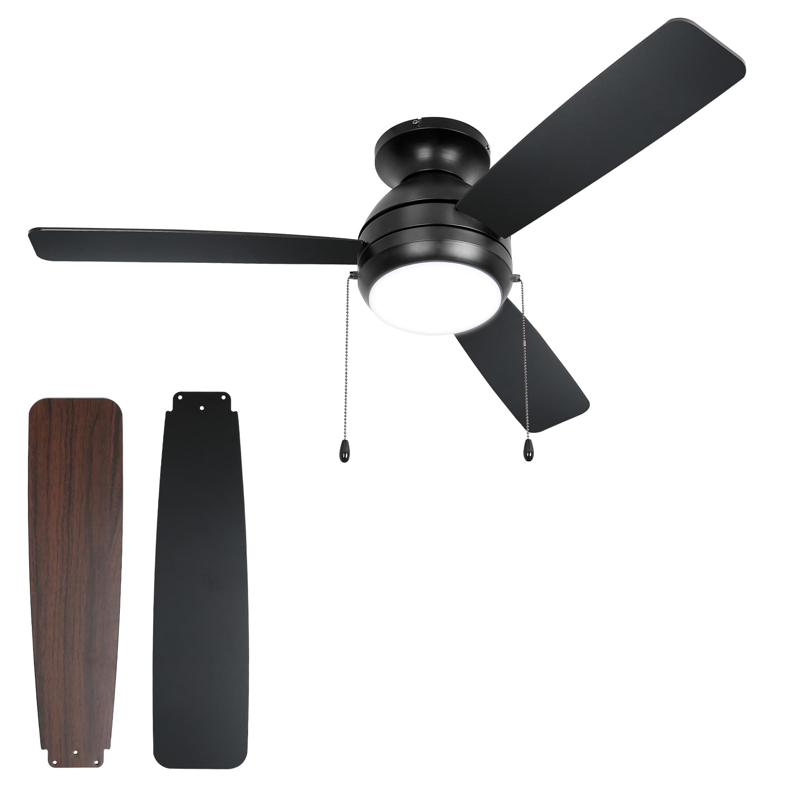 hykolity 44 inch Flush Mount Ceiling Fan with LED Lights(3000K/4000K/6000K) Pull Chain, Noiseless Reversible Motor, Low Profile Ceiling Fan, 3 Speed, ETL Listed, Black