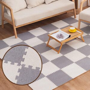 interlocking foam mats,60 pcs-60 sq.ft. plush puzzle floor carpet tiles,fluffy area rugs,exercise,playroom,bedroom,parlor,12x12 inch(color:white+light grey)