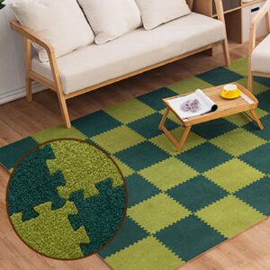 24 pcs thickened 0.4 inch interlocking floor mat,plush puzzle foam carpet tiles,fluffy square area rug,playmat,space saving,12x12 inch(color:green+dark green)