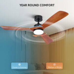 VONLUCE Ceiling Fans with Lights, 52 Inch Ceiling Fan with Remote, 6 Speed Reversible Noiseless DC Motor, 3CCT Wood Ceiling Fan for Outdoor Indoor Farmhouse Patios, Walnut