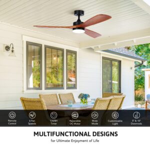 VONLUCE Ceiling Fans with Lights, 52 Inch Ceiling Fan with Remote, 6 Speed Reversible Noiseless DC Motor, 3CCT Wood Ceiling Fan for Outdoor Indoor Farmhouse Patios, Walnut