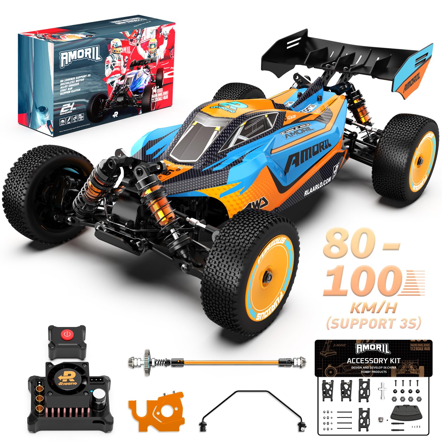 AMORIL 1:12 Fast Brushless RC Cars for Adults,Top Speed 100KM/H Remote Control Car with Independent ESC,3200KV Brushless Motor,3.5KG Metal Servo,Foam Tire,Sway Bar and Metal Rod,Orange