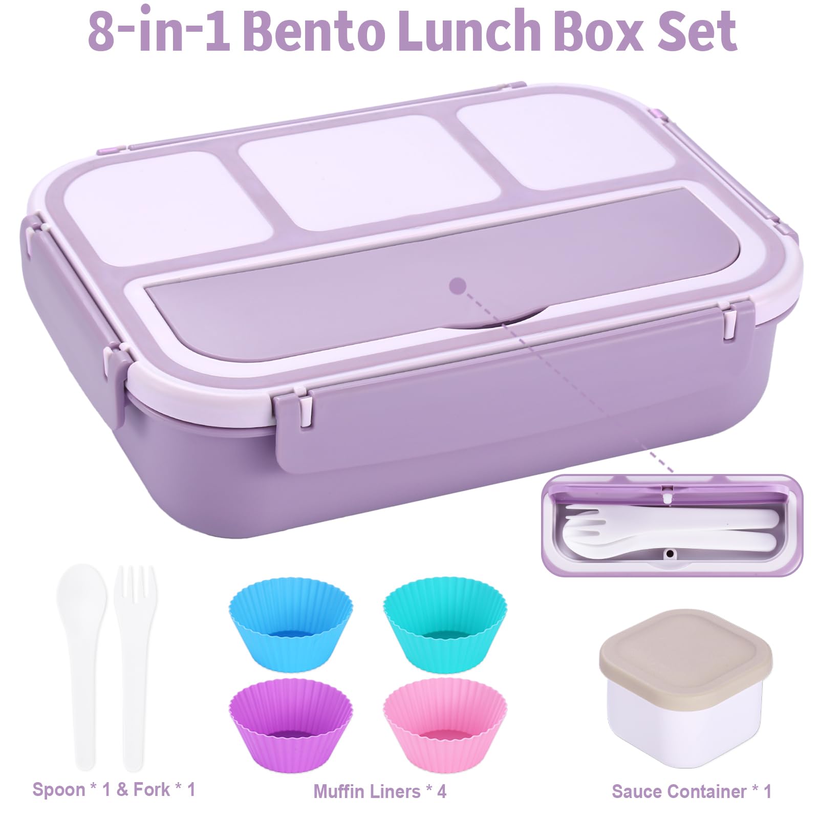 Bento Box Adult Lunch Box, Lunch Containers for Kids Girls Boys with 4 Compartments, Lunchable Food Container with Utensils, Sauce Jar, Muffin Liners, 40 Oz/5 Cup, Microwave Safe, Lavender