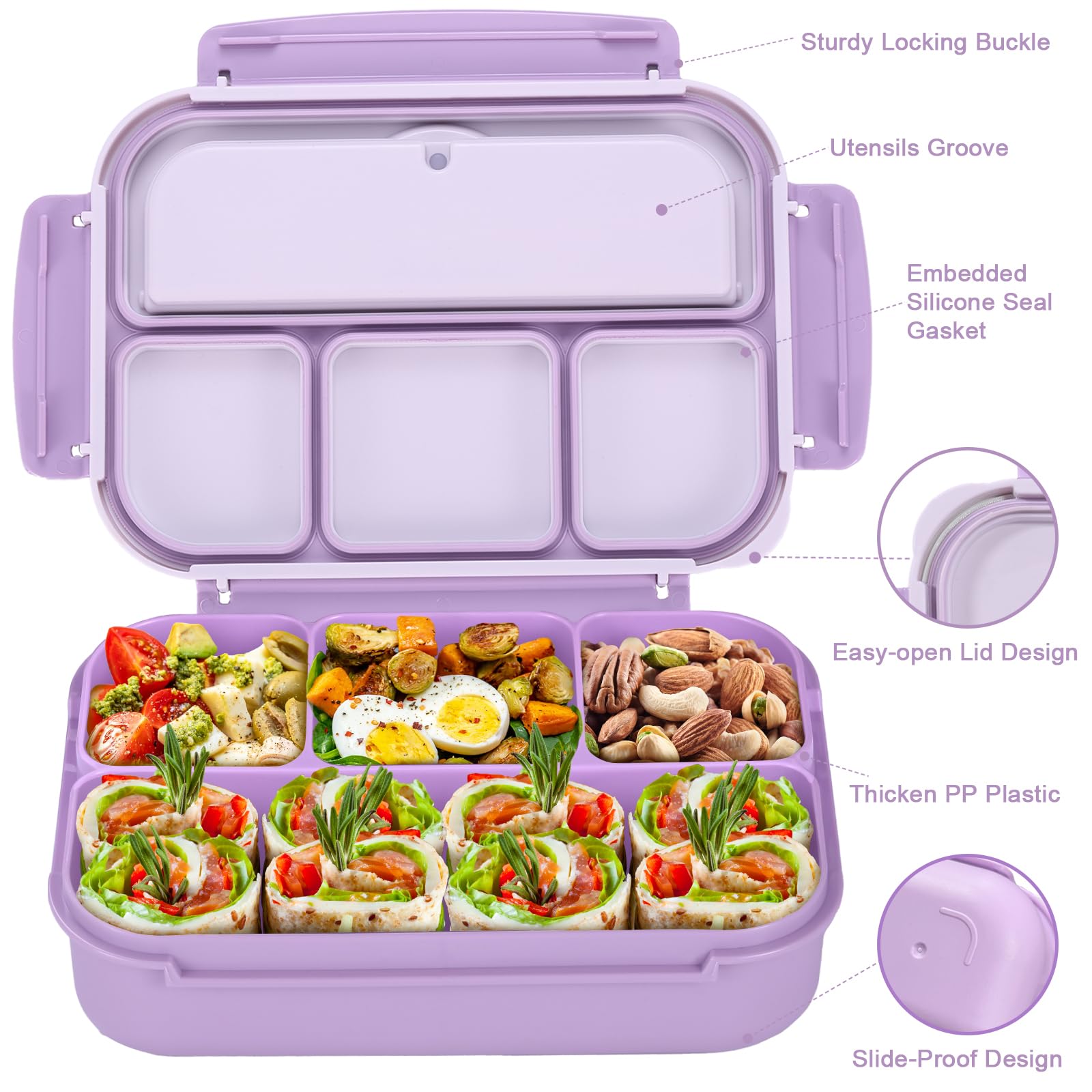 Bento Box Adult Lunch Box, Lunch Containers for Kids Girls Boys with 4 Compartments, Lunchable Food Container with Utensils, Sauce Jar, Muffin Liners, 40 Oz/5 Cup, Microwave Safe, Lavender