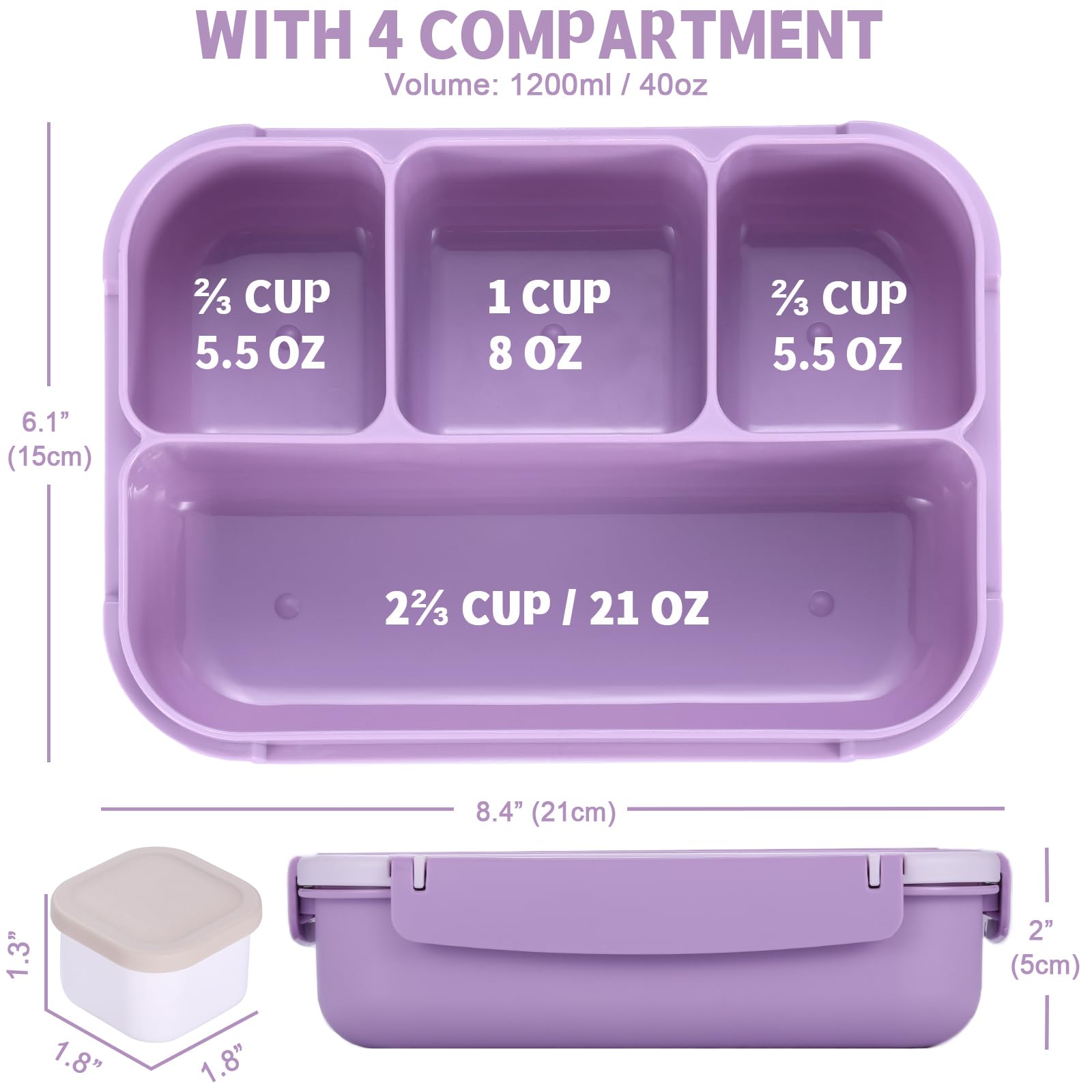 Bento Box Adult Lunch Box, Lunch Containers for Kids Girls Boys with 4 Compartments, Lunchable Food Container with Utensils, Sauce Jar, Muffin Liners, 40 Oz/5 Cup, Microwave Safe, Lavender