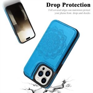 MMHUO for iPhone 15 Pro Case with Card Holder, Flower Magnetic Back Flip Case for iPhone 15 Pro Wallet Case for Women, Protective Case Phone Case for iPhone 15 Pro,Blue