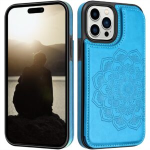 MMHUO for iPhone 15 Pro Case with Card Holder, Flower Magnetic Back Flip Case for iPhone 15 Pro Wallet Case for Women, Protective Case Phone Case for iPhone 15 Pro,Blue