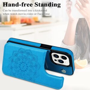 MMHUO for iPhone 15 Pro Case with Card Holder, Flower Magnetic Back Flip Case for iPhone 15 Pro Wallet Case for Women, Protective Case Phone Case for iPhone 15 Pro,Blue