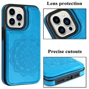 MMHUO for iPhone 15 Pro Case with Card Holder, Flower Magnetic Back Flip Case for iPhone 15 Pro Wallet Case for Women, Protective Case Phone Case for iPhone 15 Pro,Blue