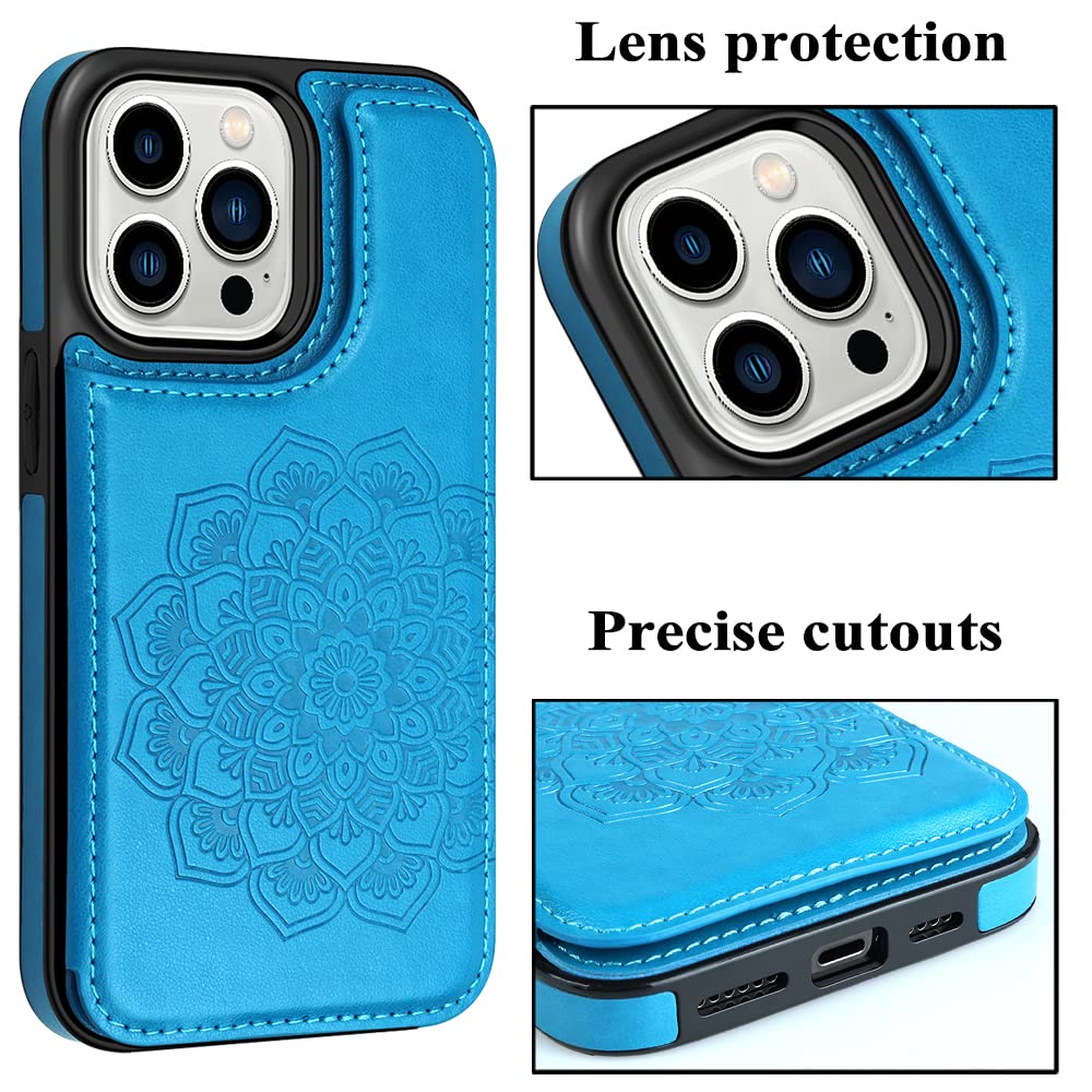 MMHUO for iPhone 15 Pro Case with Card Holder, Flower Magnetic Back Flip Case for iPhone 15 Pro Wallet Case for Women, Protective Case Phone Case for iPhone 15 Pro,Blue