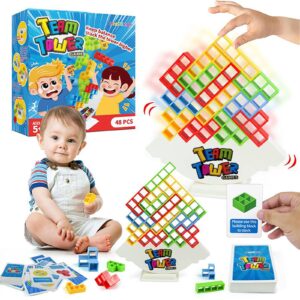 inno2eleph 48 pcs tower balance stacking game for kids and adults, balanced board games for kids 8-12, two players team versus stack attack card games(two bases, more ways to play