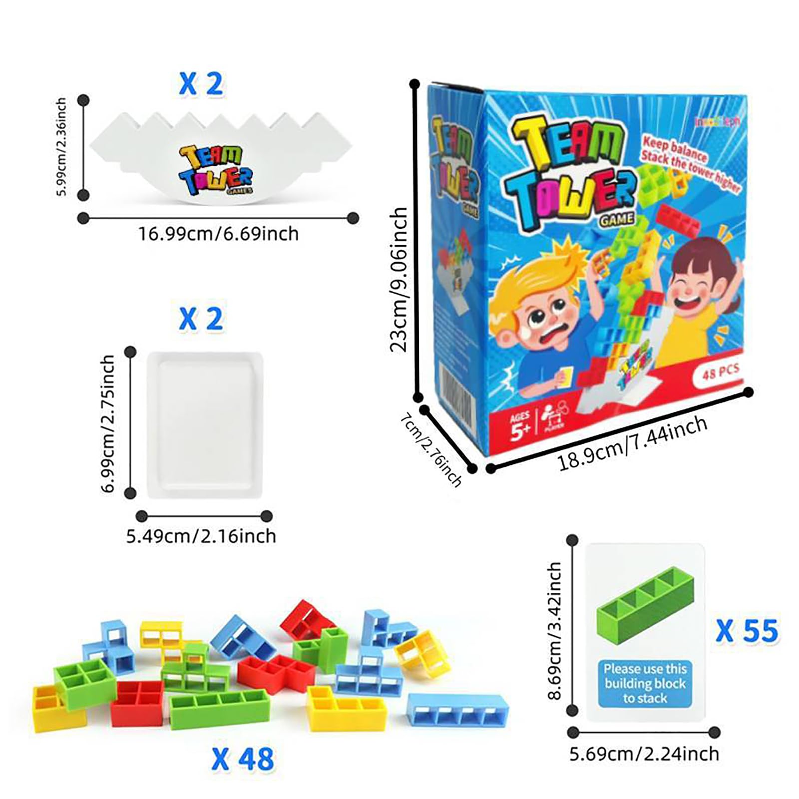 Inno2Eleph 48 Pcs Tower Balance Stacking Game for Kids and Adults, Balanced Board Games for Kids 8-12, Two Players Team Versus Stack Attack Card Games(Two Bases, More Ways to Play