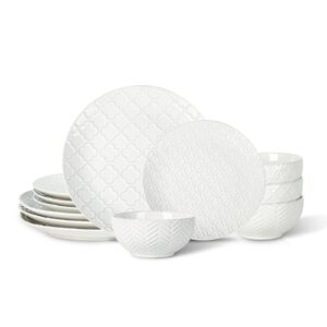 sureasy dinnerware sets 12 pieces, ceramic plates and bowls sets, service for 4, with 10'' dinner plates, 8.5'' salad plates and 5.9'' cereal bowls, dishes set dishwasher & microwave safe, white