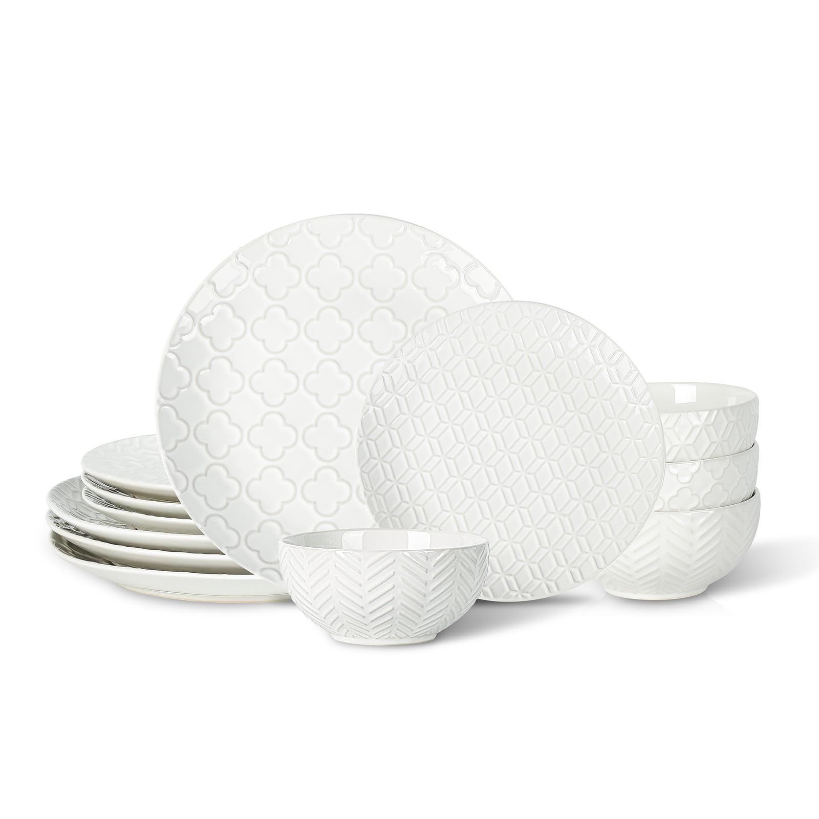 Sureasy Dinnerware Sets 12 Pieces, Ceramic Plates and Bowls Sets, Service for 4, with 10'' Dinner Plates, 8.5'' Salad Plates and 5.9'' Cereal Bowls, Dishes Set Dishwasher & Microwave Safe, White