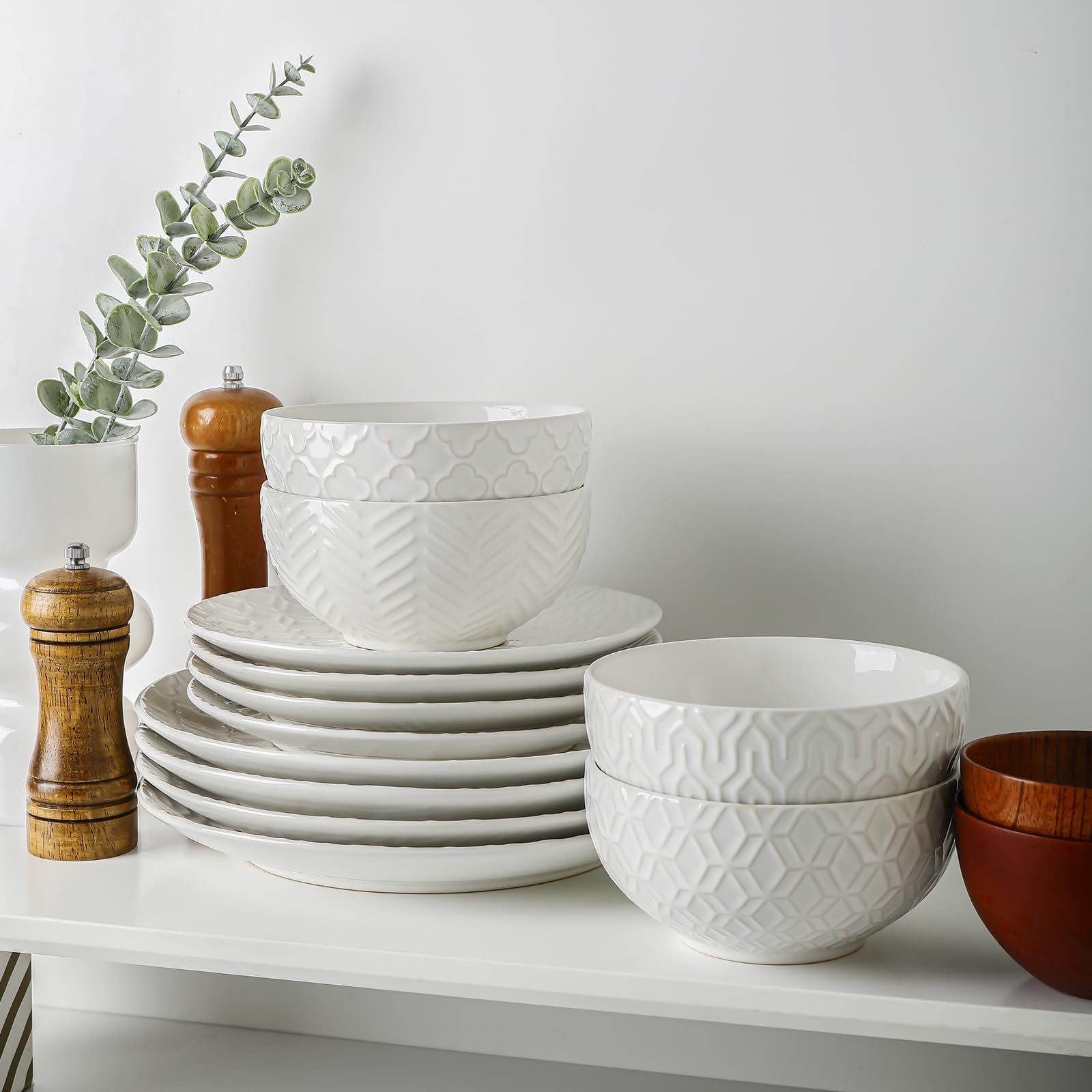 Sureasy Dinnerware Sets 12 Pieces, Ceramic Plates and Bowls Sets, Service for 4, with 10'' Dinner Plates, 8.5'' Salad Plates and 5.9'' Cereal Bowls, Dishes Set Dishwasher & Microwave Safe, White