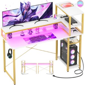 cyclysio gaming desk 47", computer desk with reversible storage shelves, home office desk with power outlets & rgb led lights, small desk for gaming, studying, working white