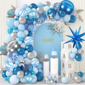 150pcs blue balloon arch garland kit, boy baby shower decorations light pastel baby blue balloons 4d star confetti balloon for bridal shower gender reveal elephant birthday graduation party supplies