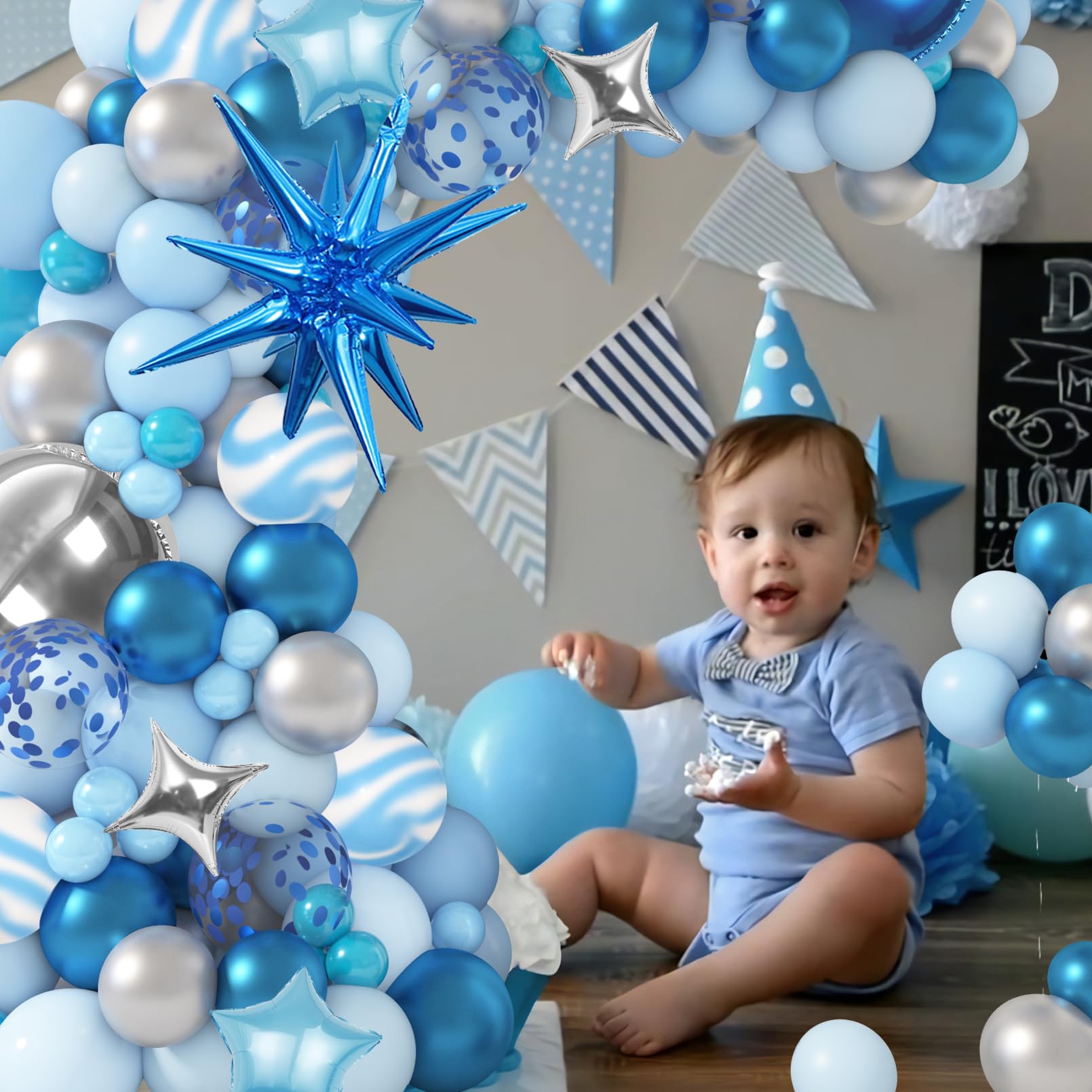 150Pcs Blue Balloon Arch Garland Kit, Boy Baby Shower Decorations Light Pastel Baby Blue Balloons 4D Star Confetti Balloon for Bridal Shower Gender Reveal Elephant Birthday Graduation Party Supplies