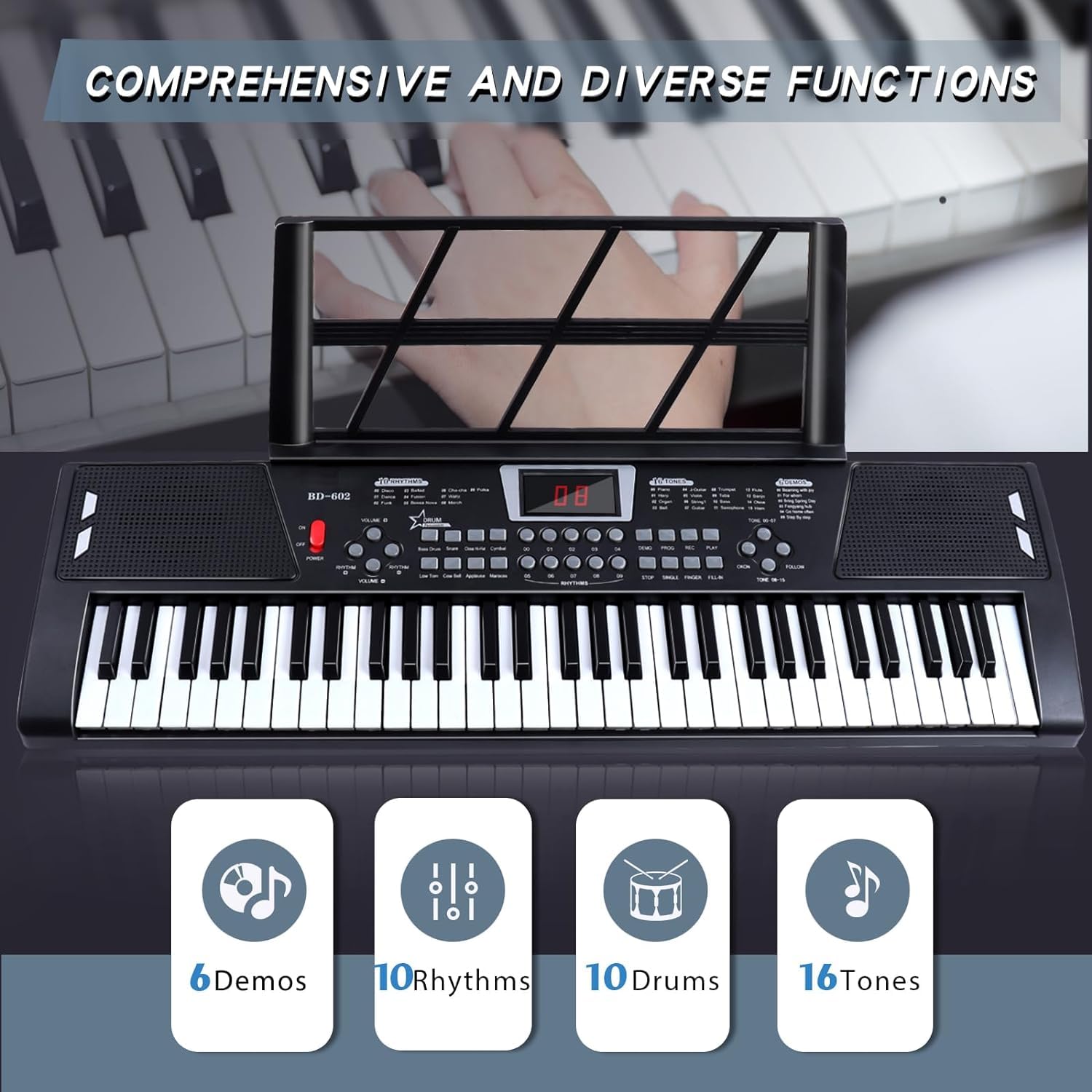 AersGu Piano Keyboard - 61 Key Keyboard Piano, Electric Piano Music Keyboard with Teaching Mode, Microphone, Sheet Music Stand and Power Supply, portable keyboard piano for Beginners