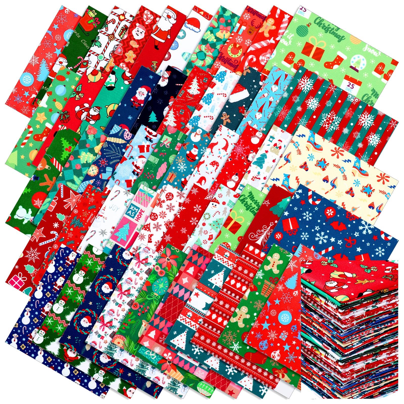 Ganeen 100 Pcs 10 x 10 Inch Winter Christmas Fabric Squares Snowflake Snowman Santa Quilting Fabric Bundles Red Green Blue Fat Fabric Patchwork Scraps Pre Cut Quilt Squares for DIY Craft