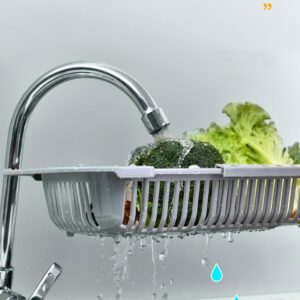 FENGZIZH Adjustable Dish Drainer Dish Rack Over The Sink,Drying Rack, Extendable Vegetable Fruit Washing Basket, Collapsible Strainer Basket,Plastics(Grey+White)