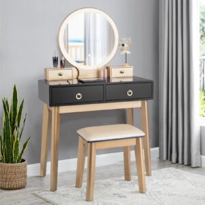 kotek vanity desk set, makeup vanity table w/ 3 modes led lights, round mirror, touch switch control, 4 sliding drawers, dressing table set w/cushioned stool for bedroom, dressing room (black)