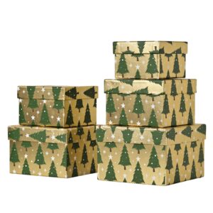 paper fair 5pcs christmas nesting gift boxes set, gold foil green xmas tree flat square cardboard nested box with lid, for gift wrapping holiday present birthday, assorted size