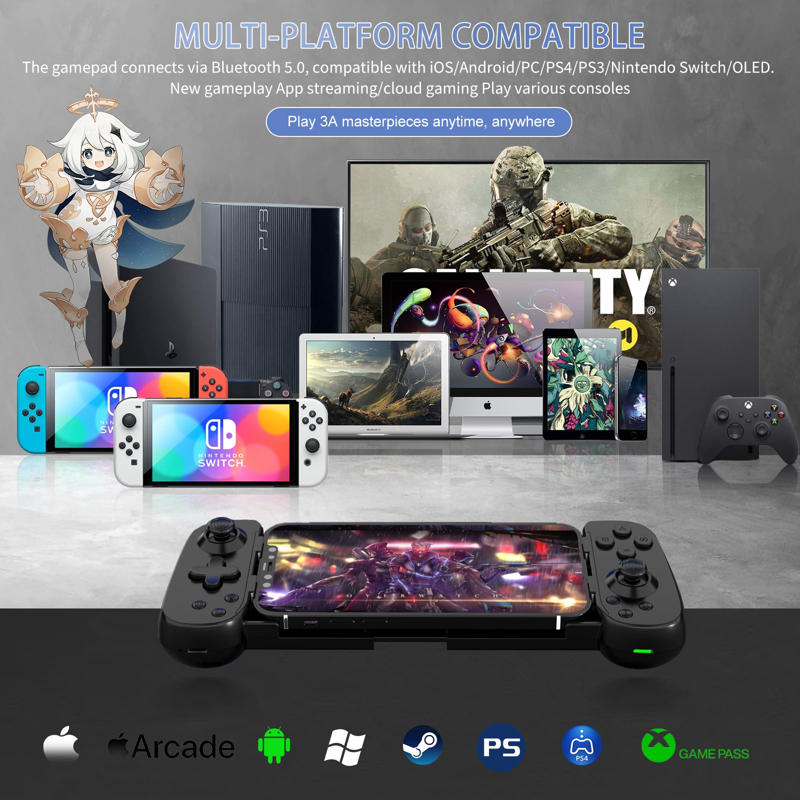 Wireless Controller for iPhone/Android/PC/iPad/Tablet/APPL Arcade MFi Games/Switch/PS4, Support Streaming on PS5/PS4/Xbox/PC Console, Cloud Gaming Gamepad Joystick - Turbo/6-Axis Gyro/Dual Motors