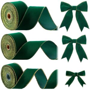 riceshoot 3 rolls 60 yards christmas wired velvet ribbon with gold edge 1.5/2/2.5 inch xmas green velvet ribbon holiday green ribbon for gift wrapping xmas wreath bow christmas crafts