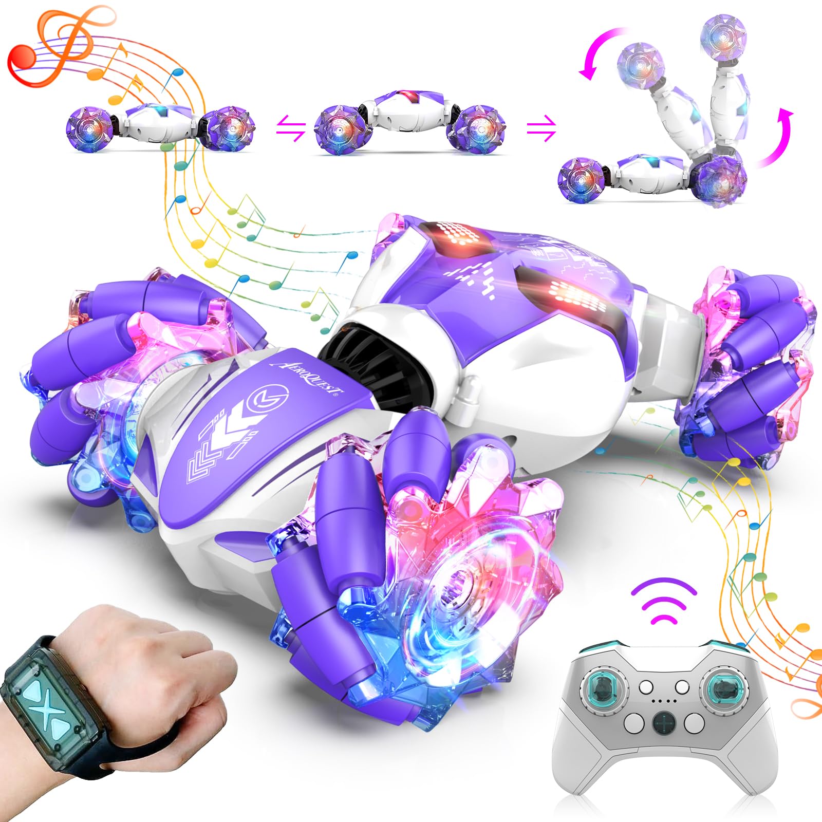 AEROQUEST Gesture RC Car Hand Controlled Stunt Car for 6-12 yr Boys Girls, 4WD 2.4GHz Remote Control Gesture Sensor Toy Cars Drift Twist Car with Light Music for Ages 8-13 Kids Birthday Xmas Gift