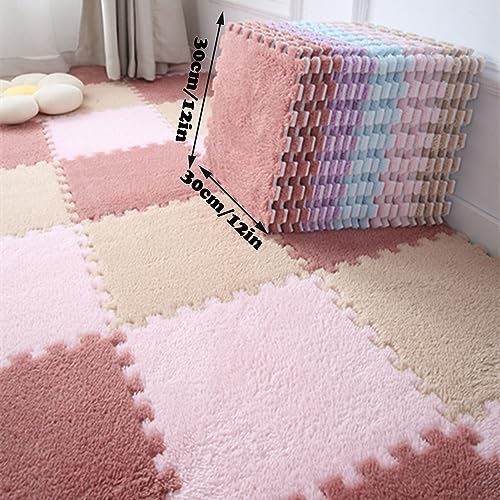 16 Pieces Interlocking Foam Floor Mat Area Rugs with Borders, 12x12in Plush Soft Puzzle Split Joint Carpet Mats-Anti-Slip Protective Exercise Fitness Padding(Color:Deep Pink)