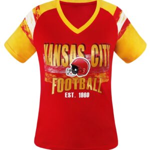 Geneisteck Womens Football Fans V Neck City Raglan T-Shirts - Red & Yellow XX-Large