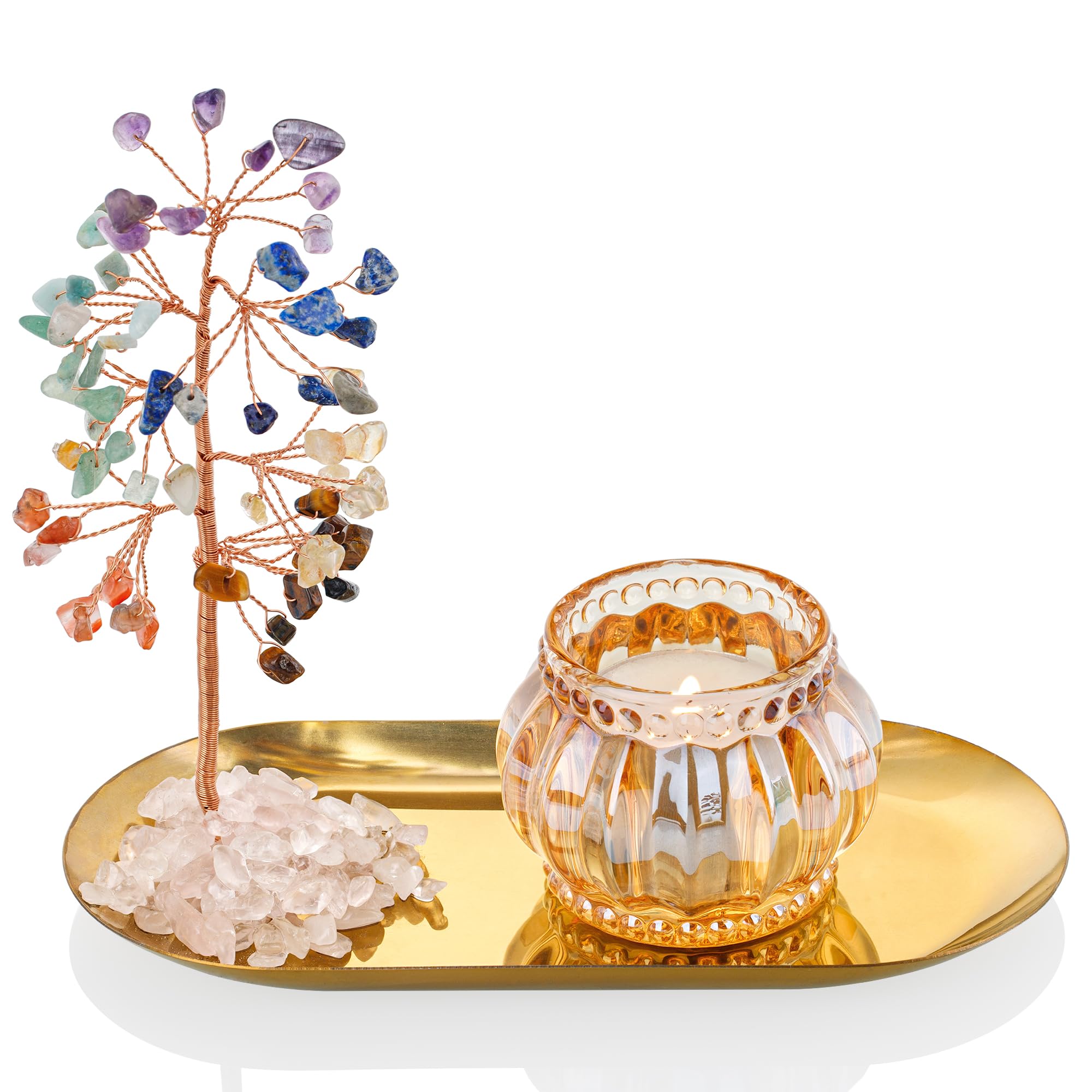 ZenBless Gold Votive Candle Holders,7 Chakra Healing Crystal Tree for Centerpiece Table Decorations, Ribbed Glass Tea Light Candle Holder Set with LED Candle for Home Decor Meditation Accessories