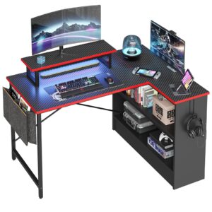 bestier l shaped gaming desk with storage shelves, 42 inch reversible corner computer desk with led lights, pc gaming table with side storage bag & monitor stand for bedroom