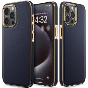 lohasic case for iphone 15 pro max 2023, luxury pu leather classic soft back cover with microfiber lining shockproof phone cases compatible with iphone 15 pro max 6.7" - navy blue