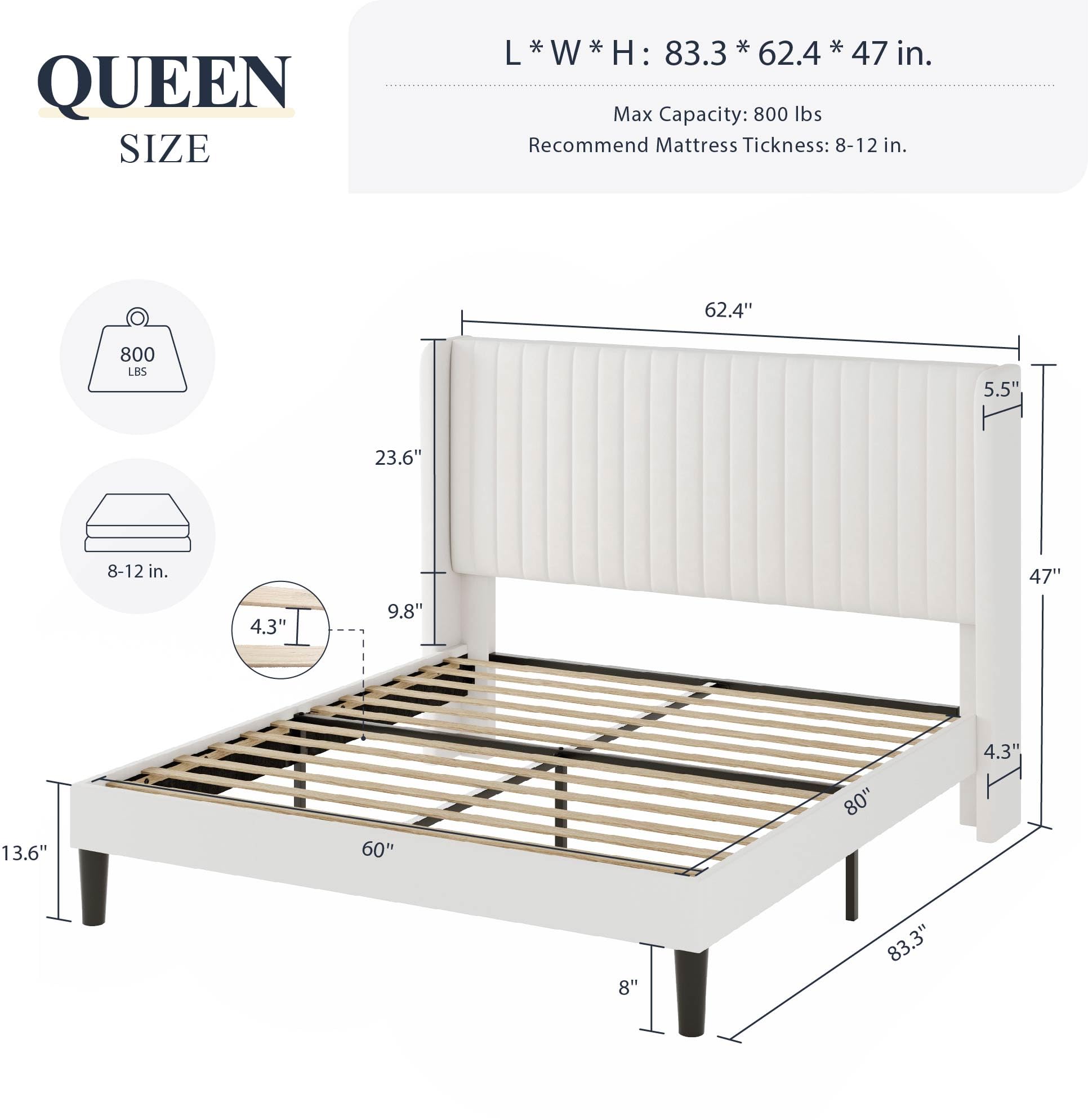 Allewie Queen Size Velvet Bed Frame/Vertical Channel Tufted Wingback Headboard/Upholstered Platform Bed/Strong Wooden Slats/No Box Spring Needed/Easy Assembly/White