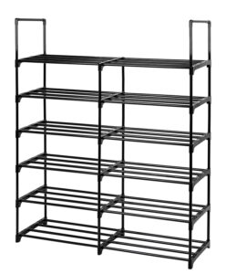 lubardy 6 tier shoe rack for entryway 24-28 pairs double row durable metal shoe storage organizer for closet stackable long shoe shelf cabinet for hallway (black)