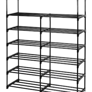 Lubardy 6 Tier Shoe Rack for Entryway 24-28 Pairs Double Row Durable Metal Shoe Storage Organizer for Closet Stackable Long Shoe Shelf Cabinet for Hallway (Black)