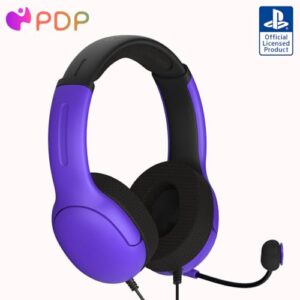 pdp airlite wired headset, officially licensed sony playstation 5, playstation 4, ps5/ps4/ps3/pc, lightweight durable headphones, 3.5mm audio jack, noise-canceling flip-to-mute mic, ultraviolet purple