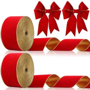 giegxin 2 rolls 100 yard christmas velvet ribbon wired gold edge ribbon xmas gift wrapping ribbon for christmas crafts arrangement decoration(red and gold, 4 inch x 50 yard)