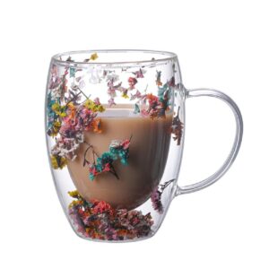 flower glass double wall glass 10oz coffee cups with handle tea cups beverage glasses tea mug milk mug a riot of colour novelty aesthetic heat resistant (flourish flower)