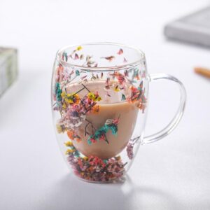 Flower Glass Double Wall Glass 10oz Coffee Cups with Handle Tea Cups Beverage Glasses Tea Mug Milk Mug a riot of colour Novelty Aesthetic Heat Resistant (Flourish Flower)