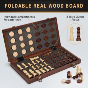 2 in 1 Magnetic Wooden Chess and Checkers Board Game Set, 15" Folding Chess Boards with 2 Extra Queens, Portable Travel Chess Sets with Pieces Storage Slots, Beginner Chess Game Set for Kids, Adults