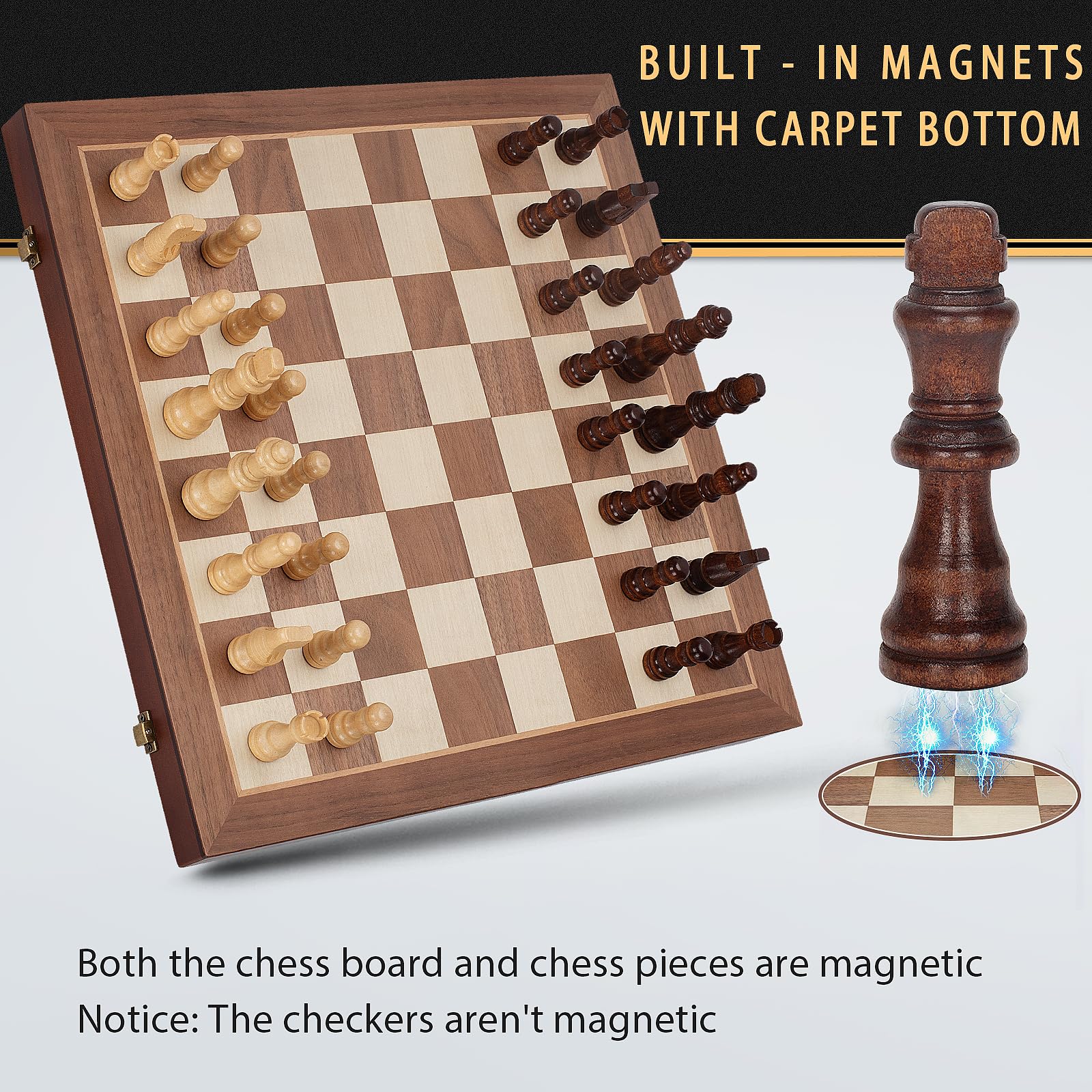 2 in 1 Magnetic Wooden Chess and Checkers Board Game Set, 15" Folding Chess Boards with 2 Extra Queens, Portable Travel Chess Sets with Pieces Storage Slots, Beginner Chess Game Set for Kids, Adults