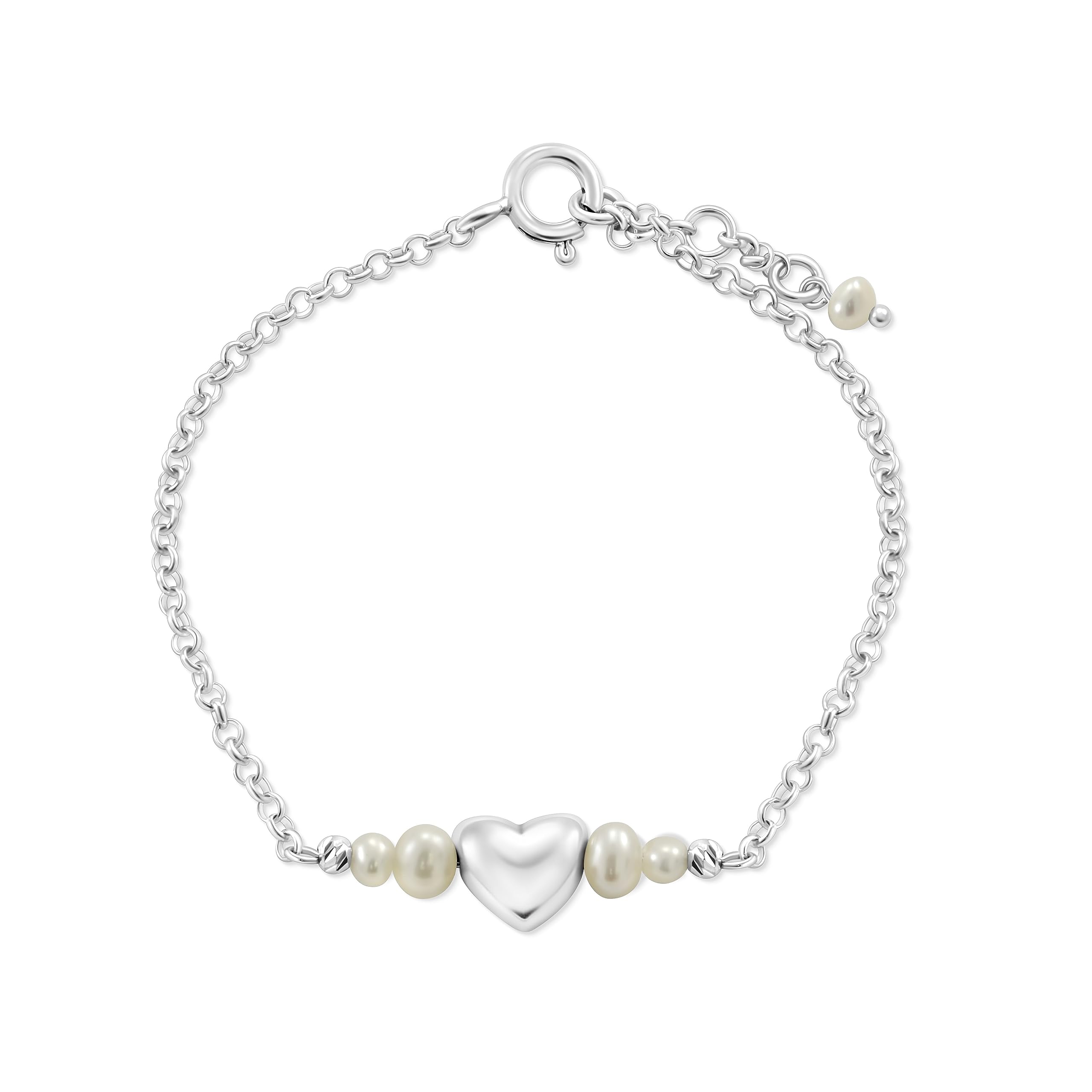 Pearl Bracelet for Women with Heart Charm in 925 Sterling Silver - June Birthstone,Handmade Birthstone Bracelet for Women, Pearl Beads - Jewelry Gift for Her