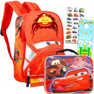 disney cars backpack with lunch box set - bundle 16" lightning mcqueen backpack, lunch bag, tattoos, more | cars backpack and lunchbox for boys