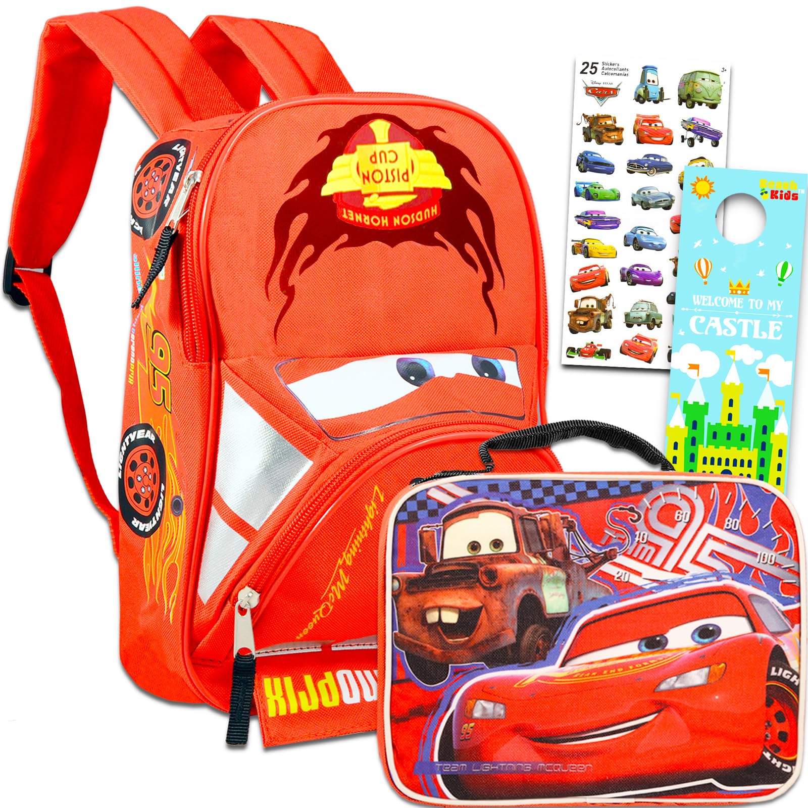 Disney Cars Backpack with Lunch Box Set - Bundle 16" Lightning Mcqueen Backpack, Lunch Bag, Tattoos, More | Cars Backpack and Lunchbox for Boys