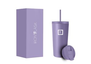 iron °flask classic tumbler 2.0-2 lids (straw flip), vacuum insulated stainless steel water bottle, double walled, drinking cup, thermos travel mug - lavender, 24 oz